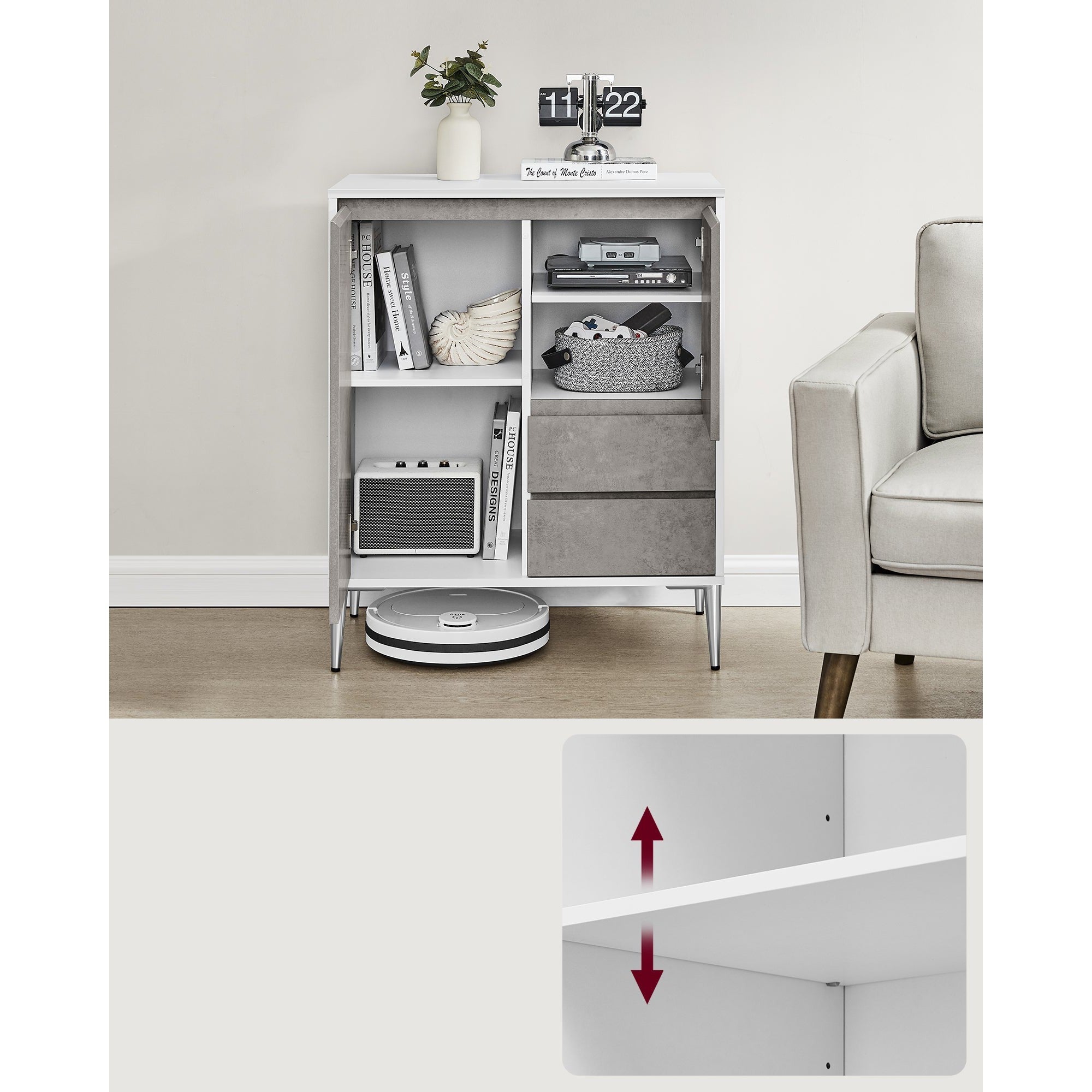 Komoda s 2 ladice, 2 odjeljka s vratima, 40 x 70 x 85 cm, sivo-bijele ...
