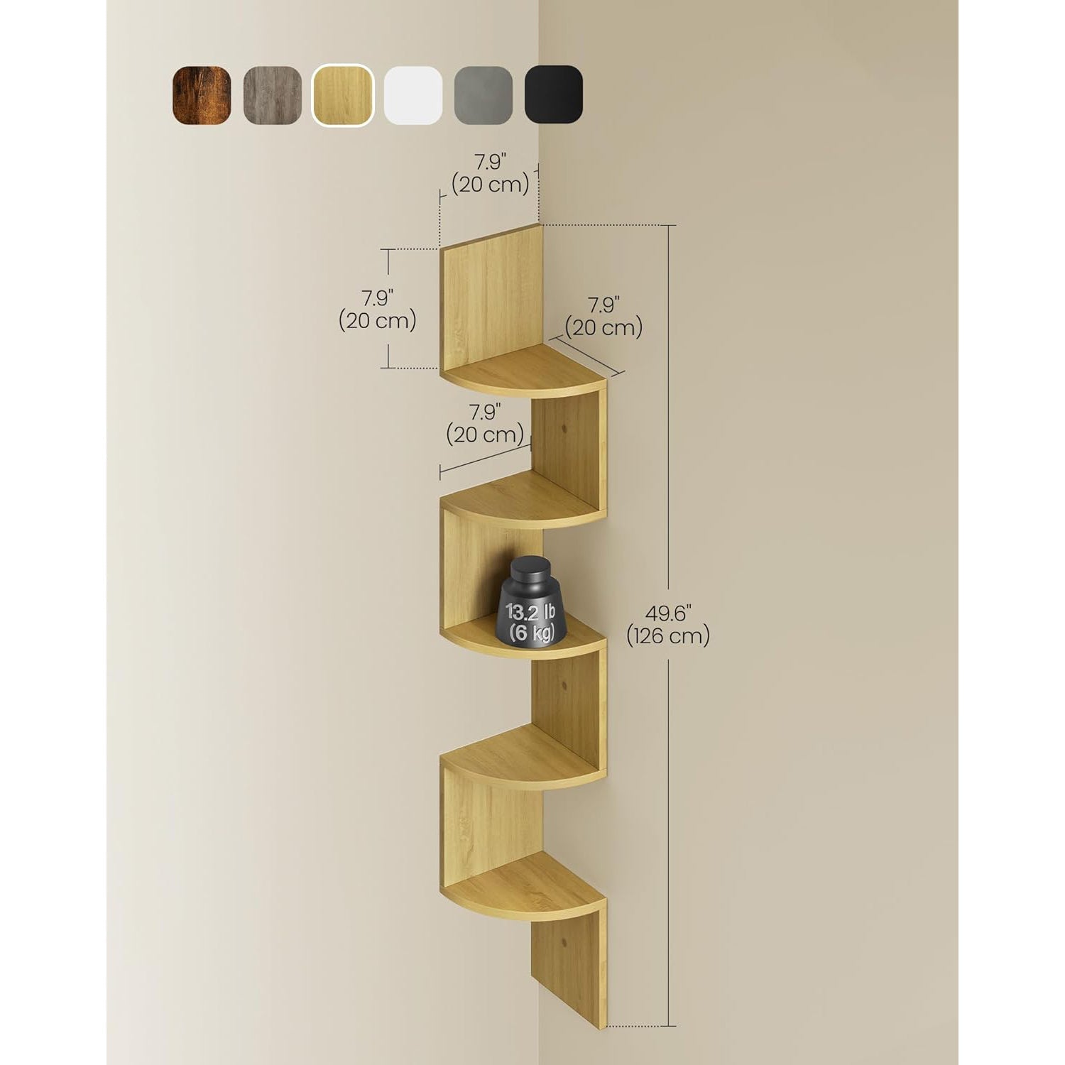 Kutna zidna polica na 5 katova, 20 x 20 x 126 cm, boja prirodnog hrast ...